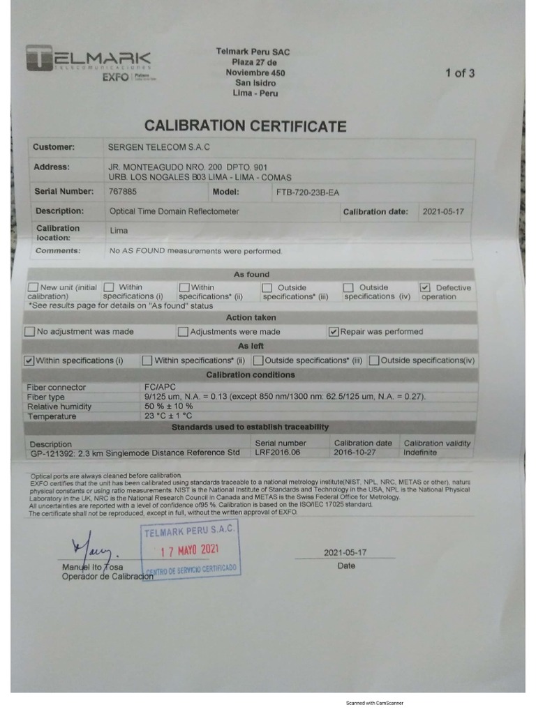 Certificado Calibration OTDR | PDF