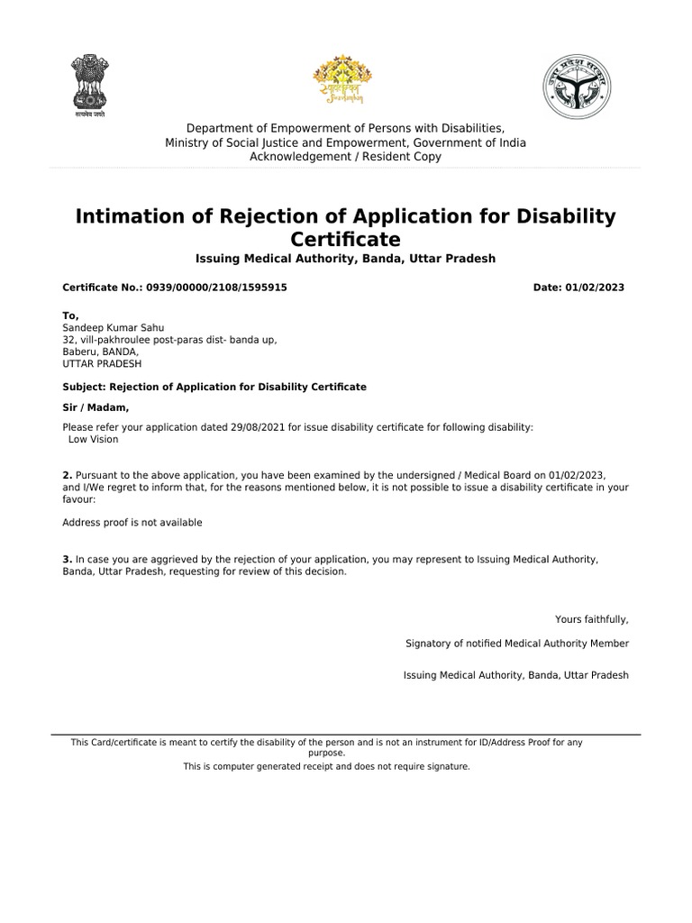Rejection of Disability Certificate Application | PDF