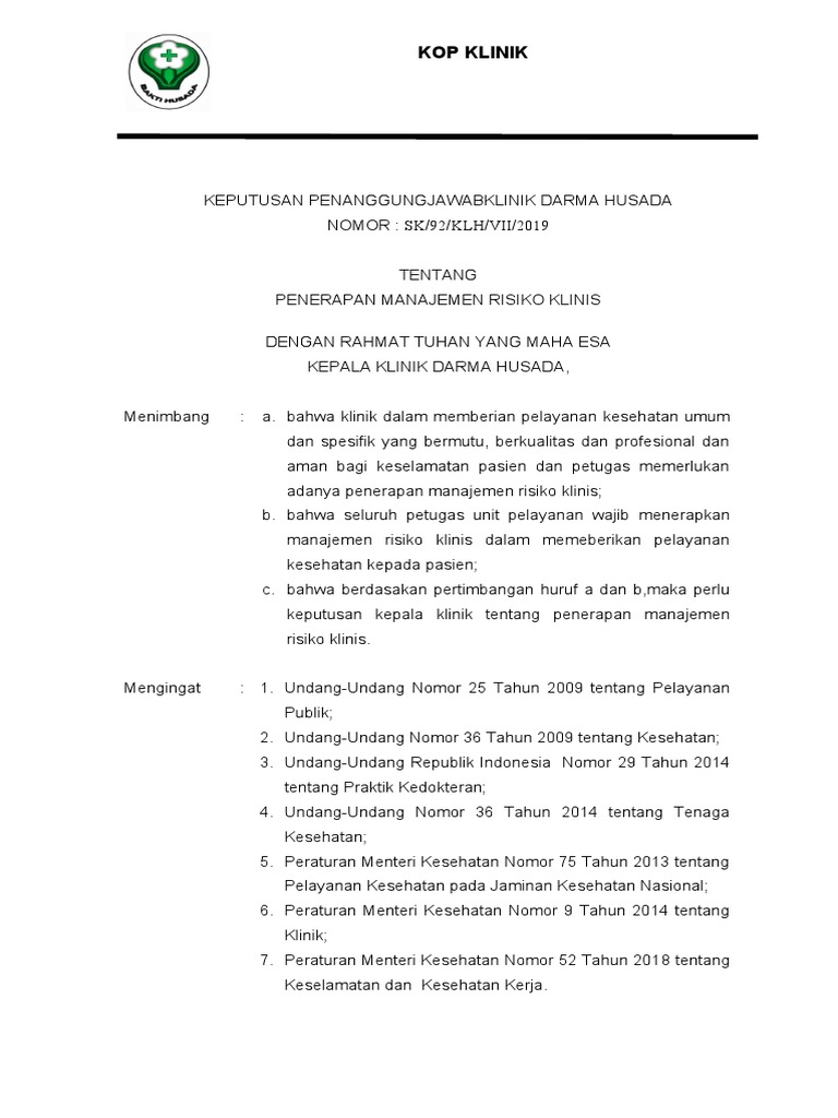 SK Penerapan Manajemen Risiko Klinis | PDF
