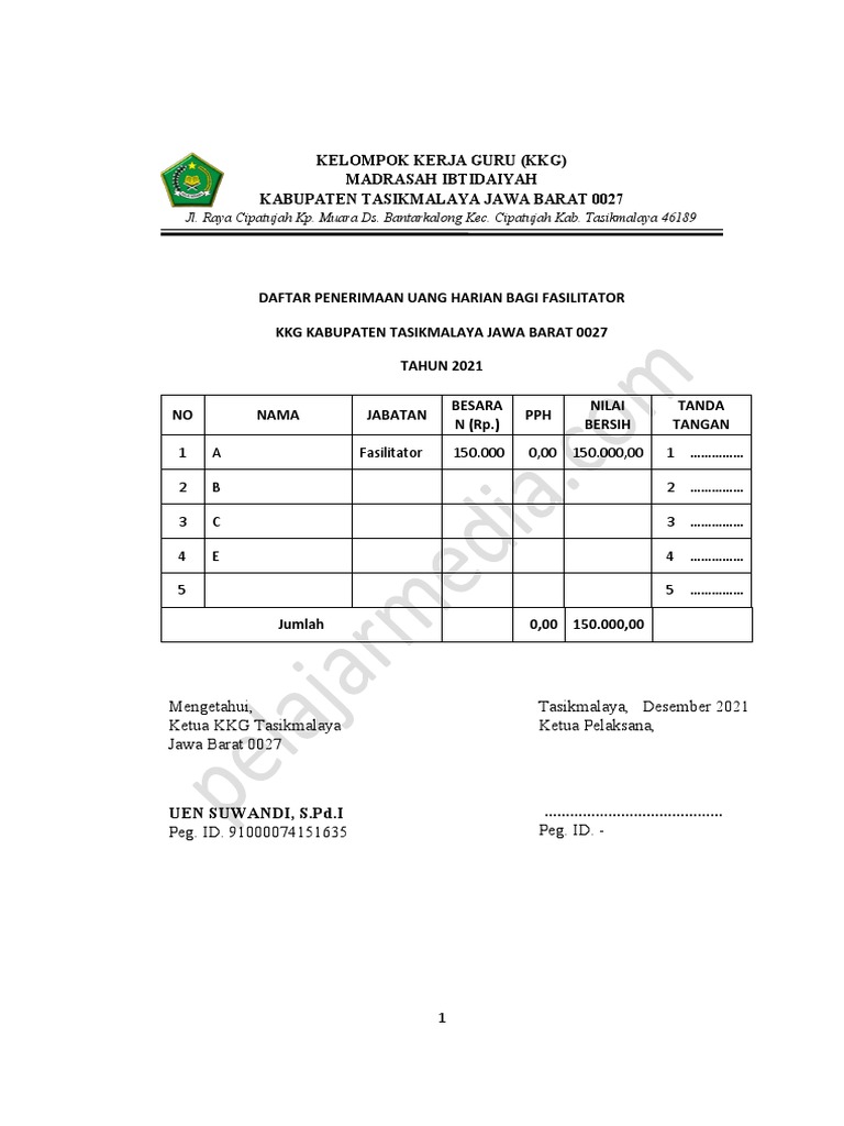Contoh Daftar Penerimaan Transport Dan Uang Harian | PDF