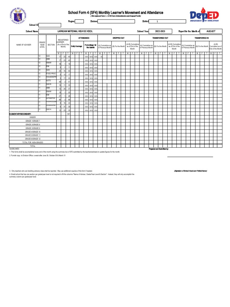 SF4 School Form 4 Sy 2022-2023 | PDF