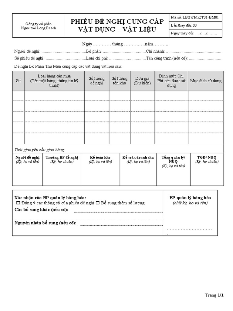 LBG TM QT01-BM01 Phieu de Nghi Cung Cap VDVL | PDF