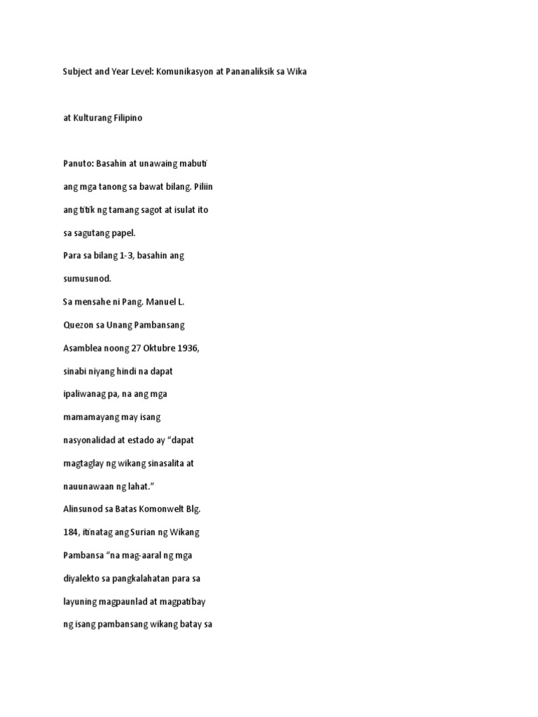 Subject and Year Level Filipino Reviewer Janice | PDF