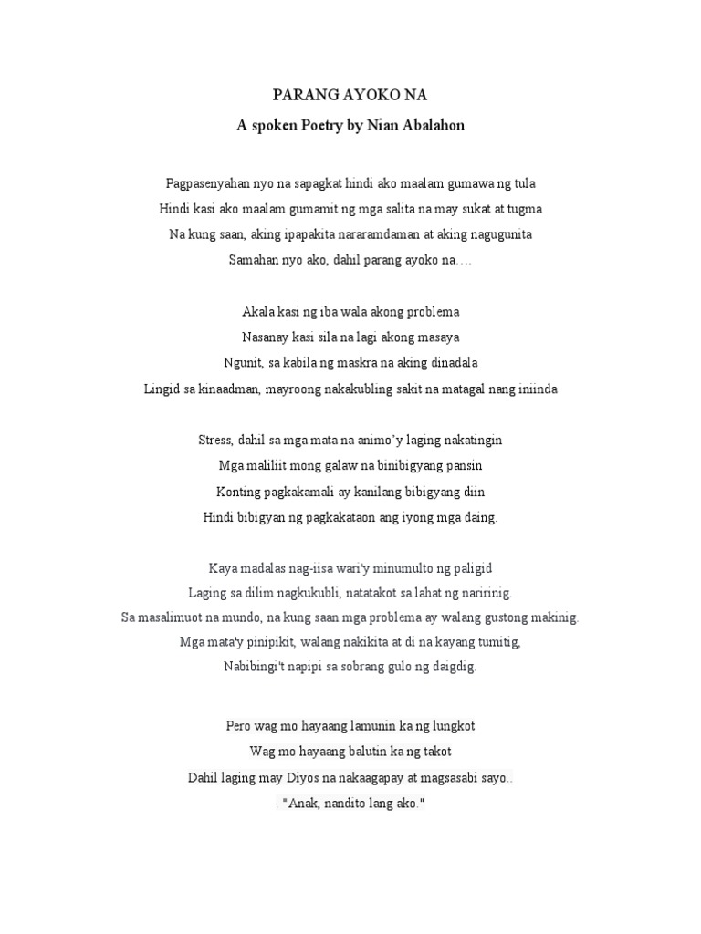 PARANG AYOKO NA A Spoken Poetry About Stress | PDF