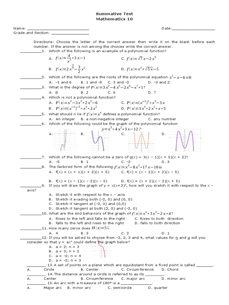 Grade 10 Polynomial Test Questions | PDF | Circle | Polynomial