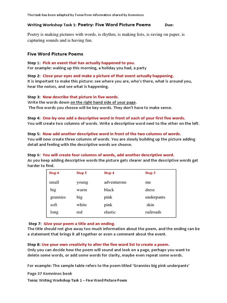 WW Kids Task 1-Poetry 5 Words Picture Poemm | PDF