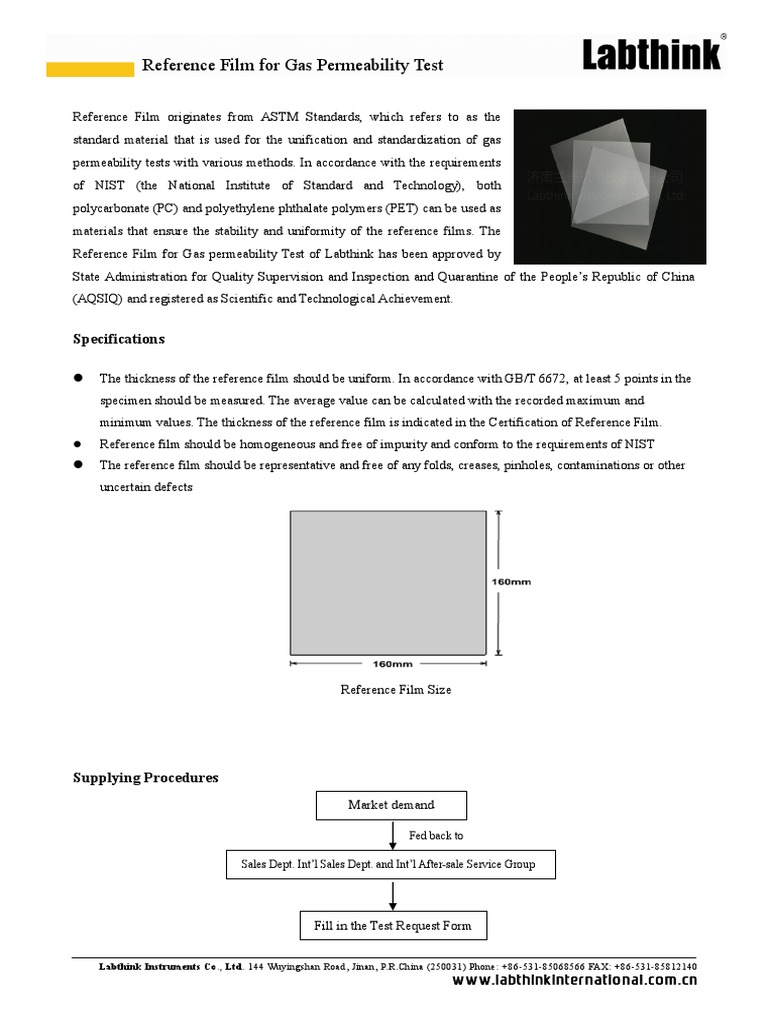 Reference Film For Gas Permeability Test | PDF | Packaging And Labeling ...