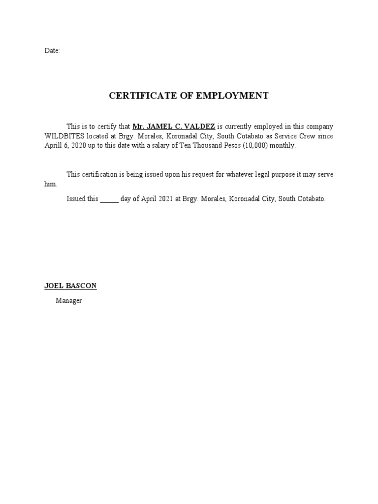 Certificate of Employment: Joel Bascon | PDF | Business | Law