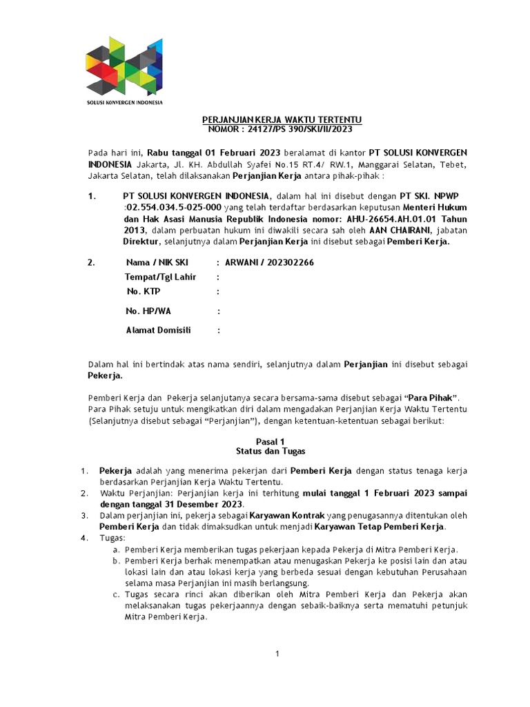 Perjanjian Kerja PT Solusi Konvergen | PDF
