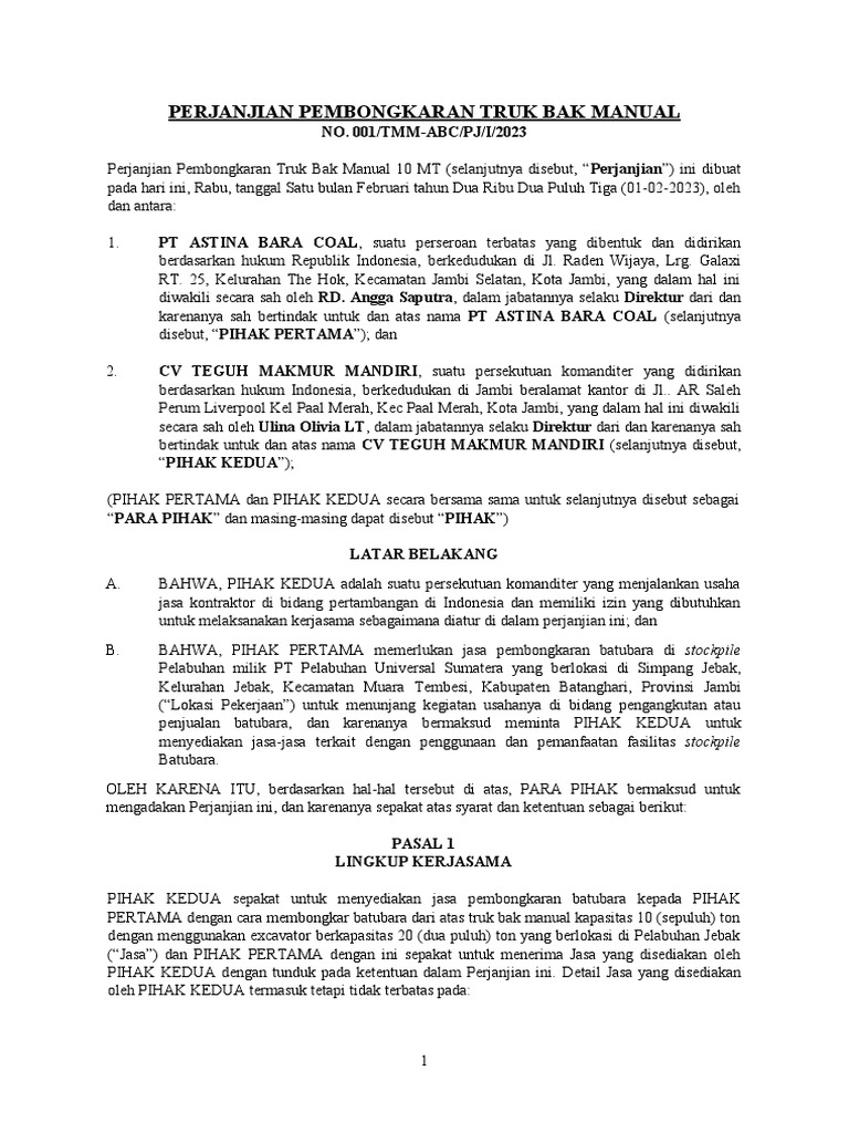 Perjanjian Pembongkaran Truk Bak Manual CV TMM (Jebak) - PT ABC | PDF
