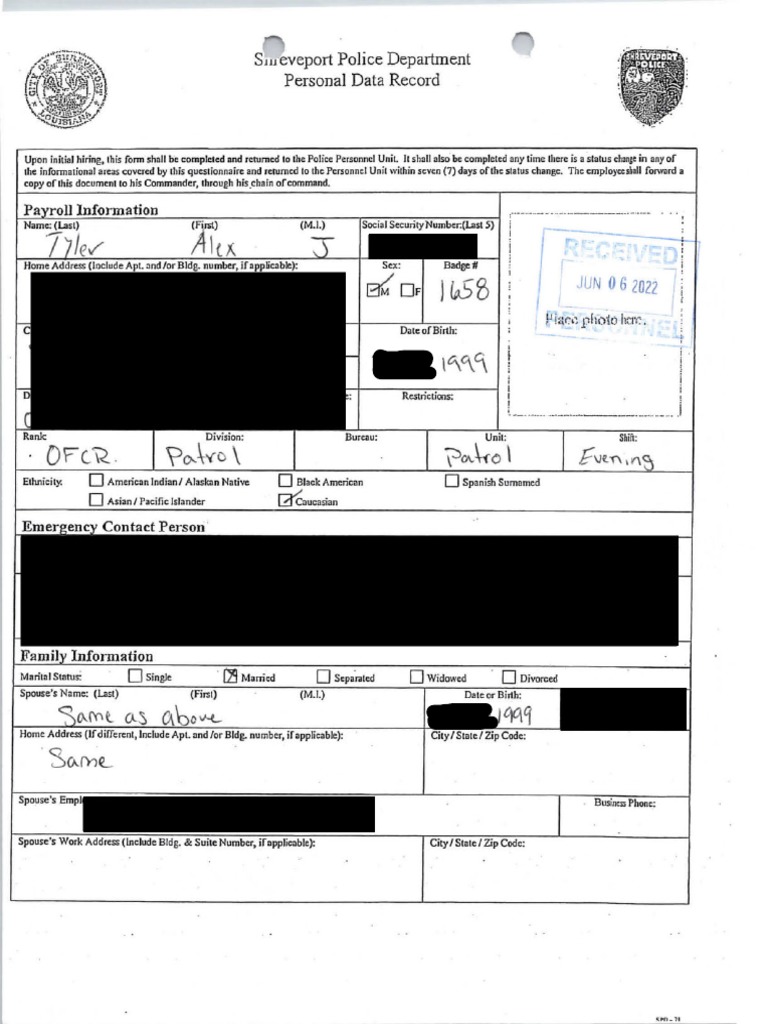Shreveport Police Officer Alexander Tyler's Personnel File | PDF