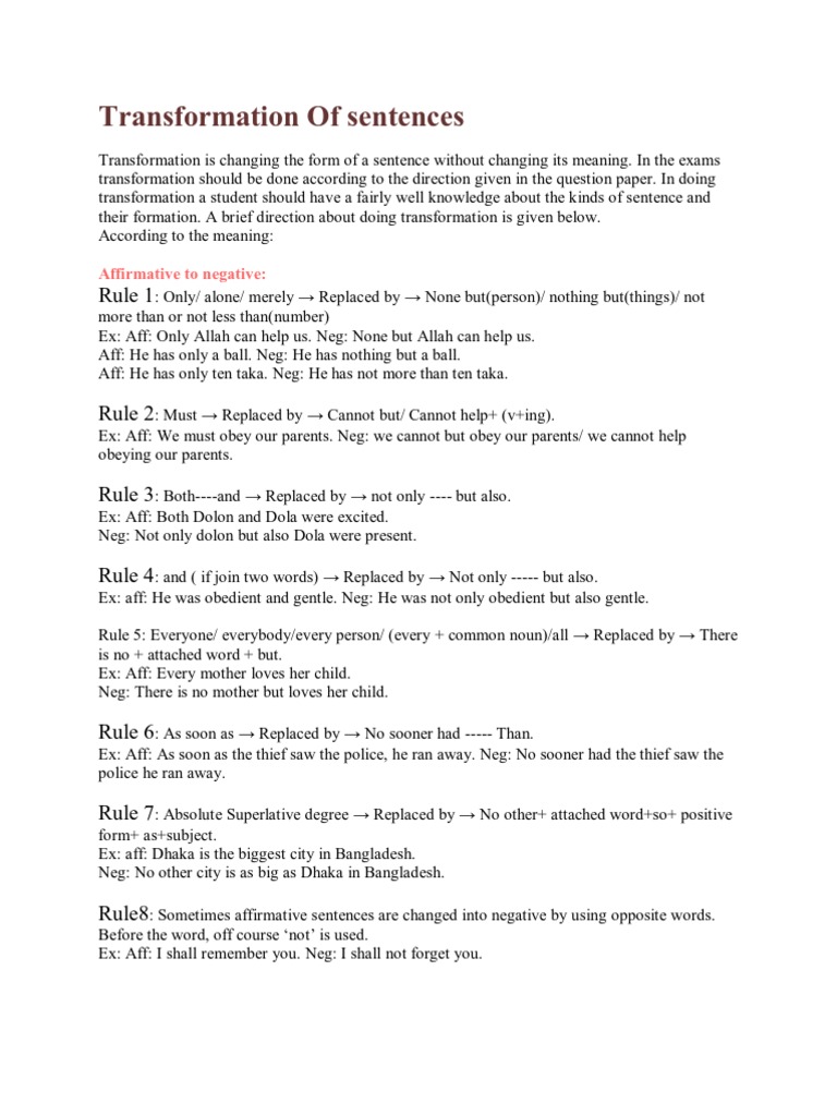 Transformation of Sentences | PDF | Clause | Adjective