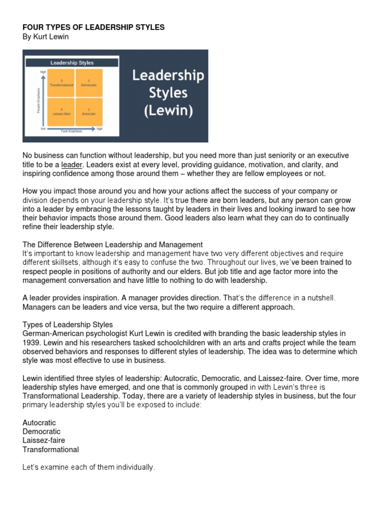Four Types of Leadership Styles by Kurt Lewin | PDF | Leadership | Transformational Leadership