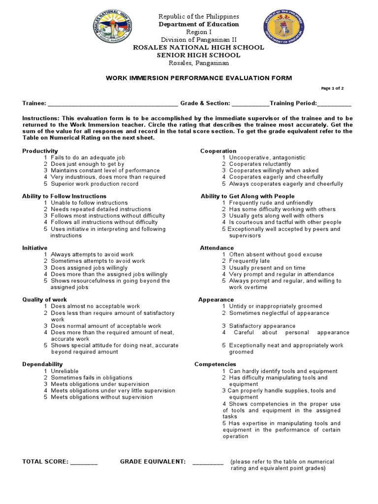 Work Immersion Evaluatio | PDF | Career & Growth