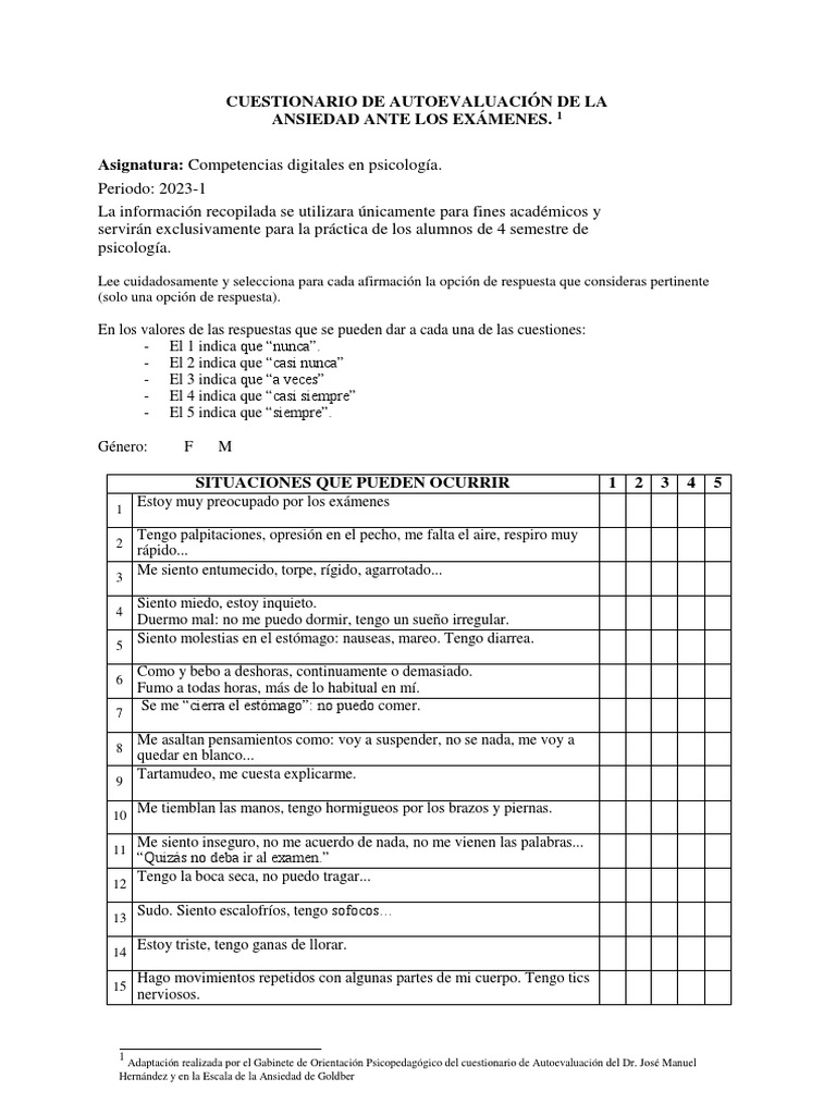 Cuestionario - Ansiedad para Aplicar | PDF