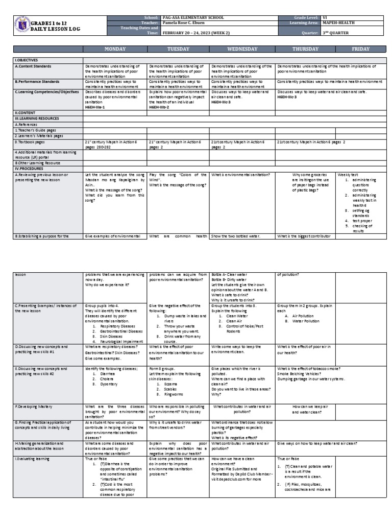 DLL - Mapeh-Health 6 - Q3 - W2 | PDF | Sanitation | Water