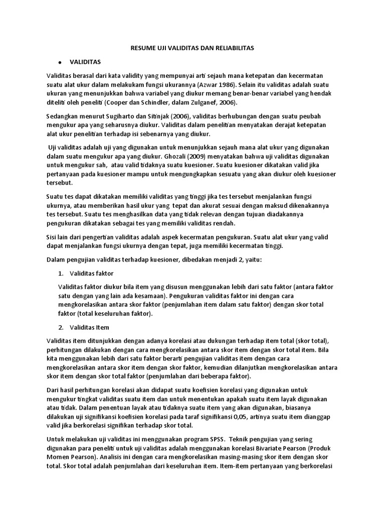 Resume Uji Validitas Dan Reliabilitas | PDF | Pengembangan Diri | Sains & Matematika