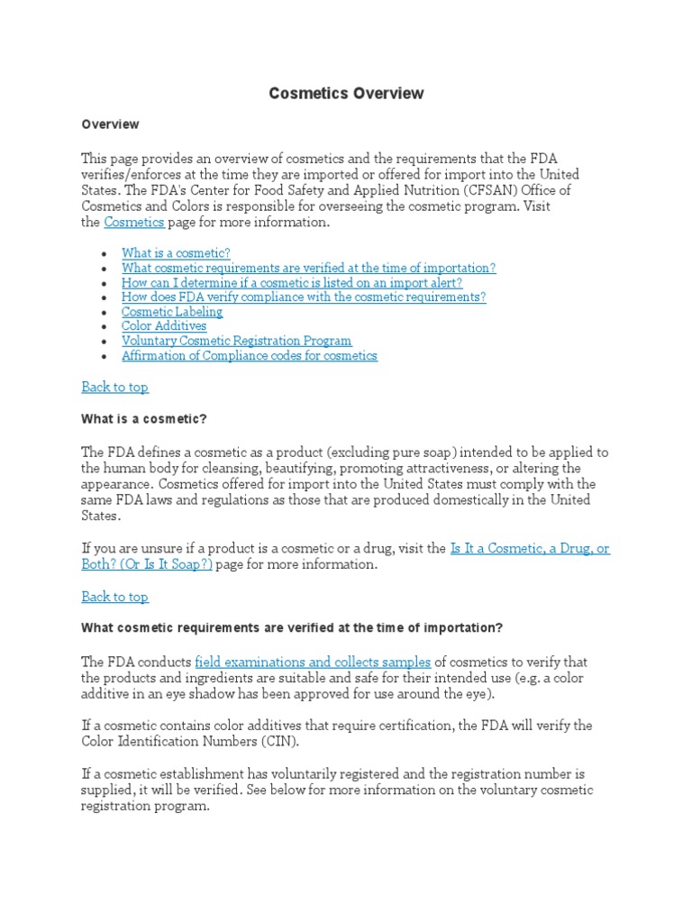 Cosmetics Overview | PDF | Cosmetics | Food And Drug Administration