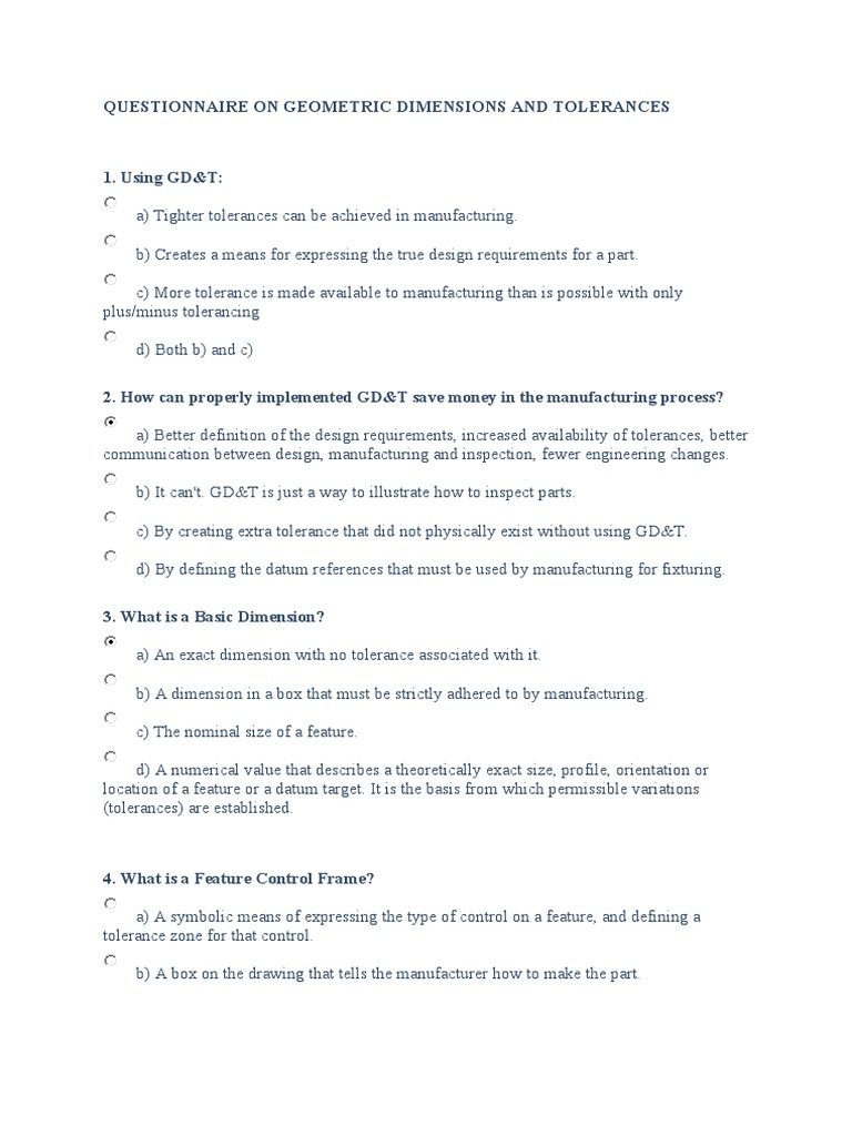 Questionnaire On Geometric Dimensions and Tolerances | PDF ...