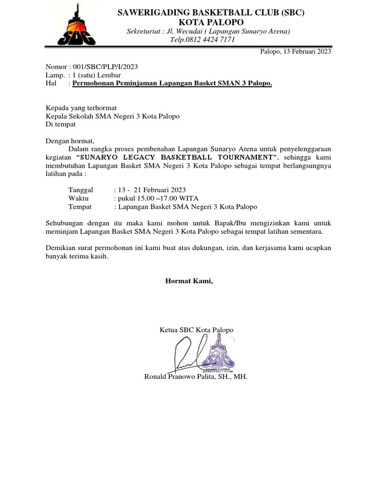 Surat Peminjaman Lapangan | PDF