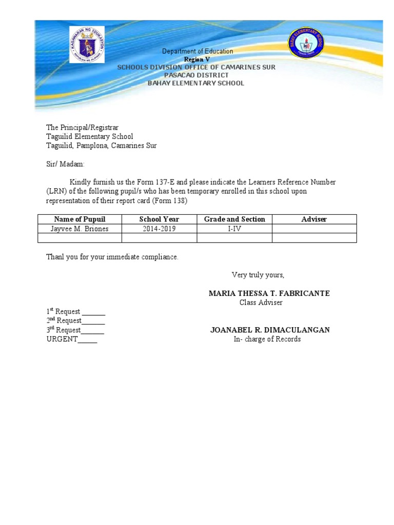 Form 137 Request Form | PDF