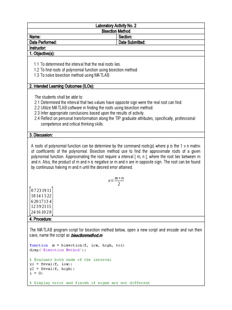 Bisection Method Lab Using MATLAB | PDF | Mathematical Analysis | Mathematics
