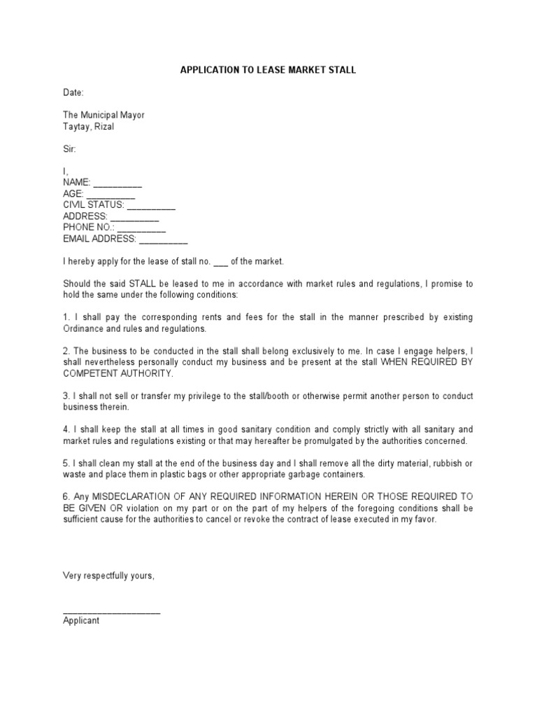 Market Stall Lease Application Form | PDF