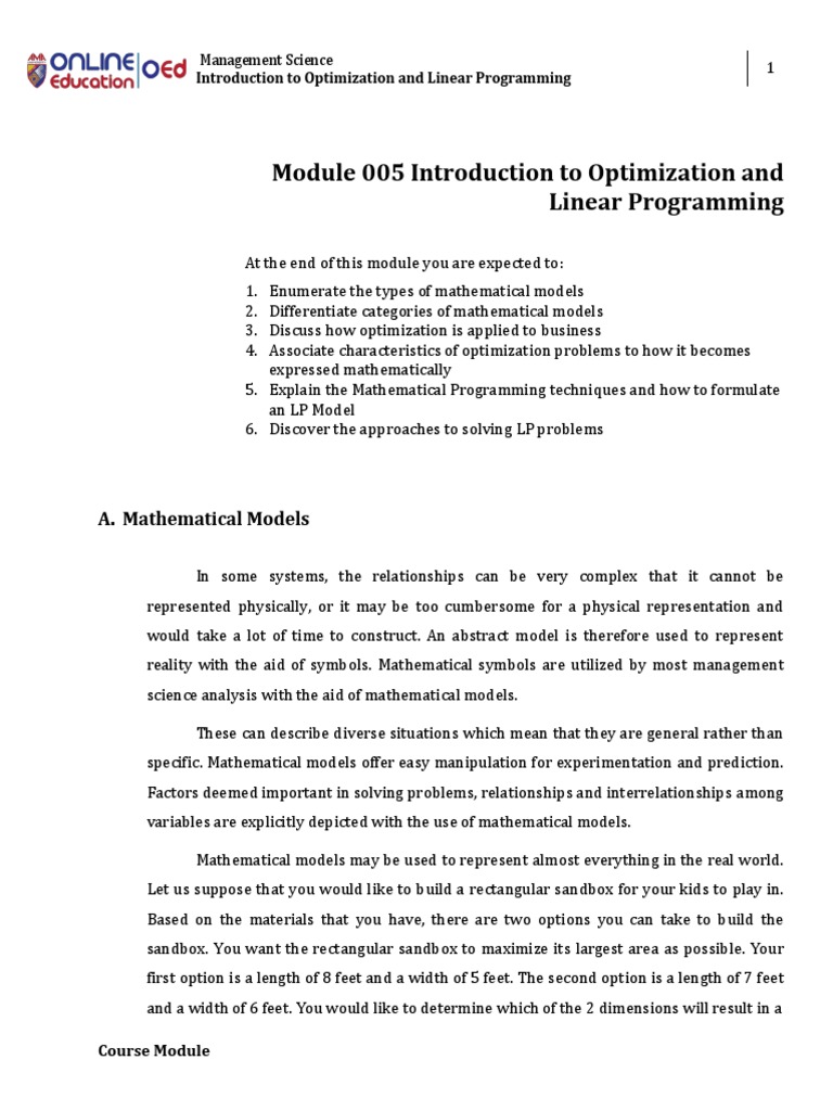 W6 Lesson 5 Introduction To Optimization And Linear Programming Module Pdf Mathematical