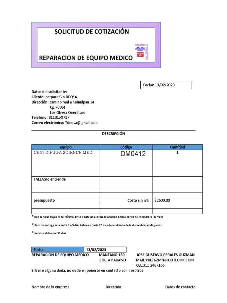 Solicitud de Cotización Reparacion de Equipo Medico: Fecha: 13/02/2023 | PDF