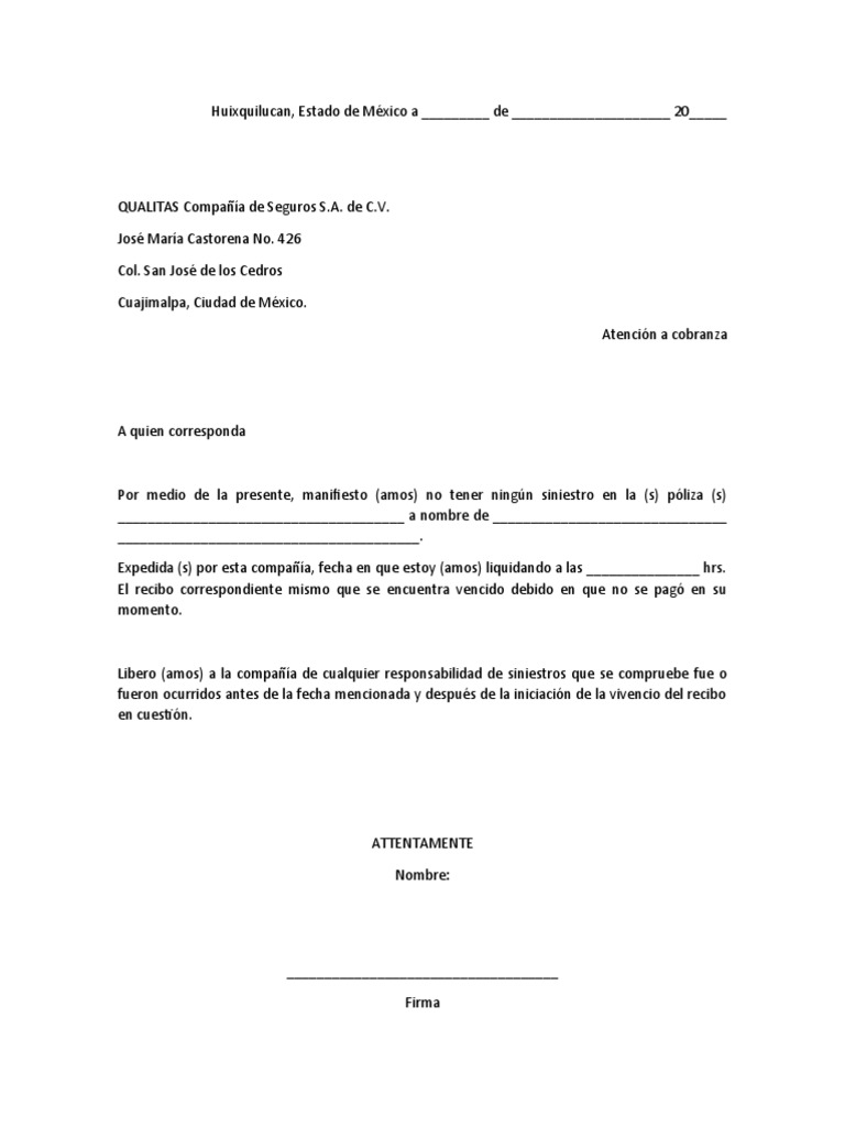 Carta de NO Siniestro Qualitas | PDF