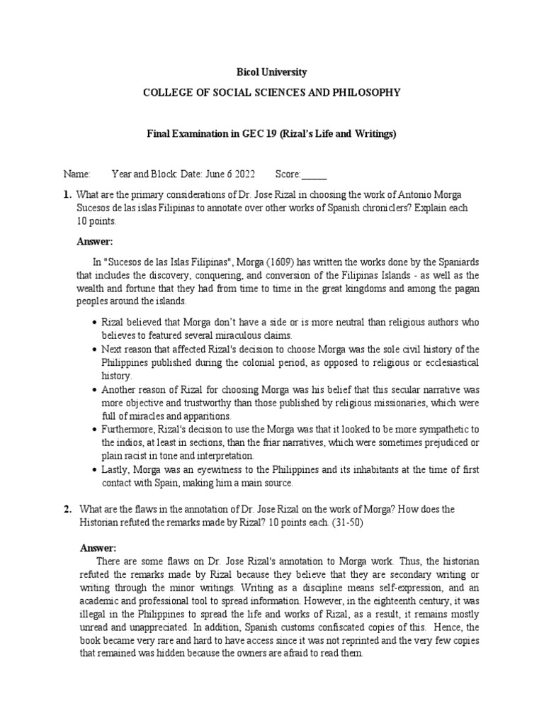 Rizal Final Exam | PDF | Philippines | Spain