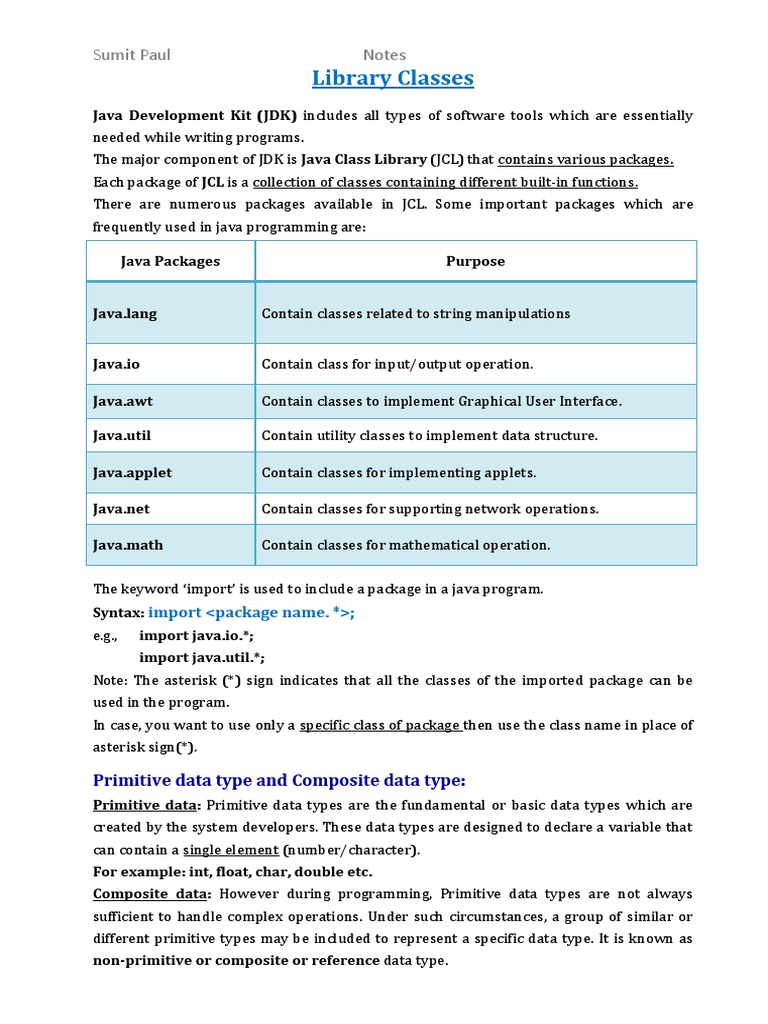 Library Classes NOTES | PDF | Data Type | Class (Computer Programming)
