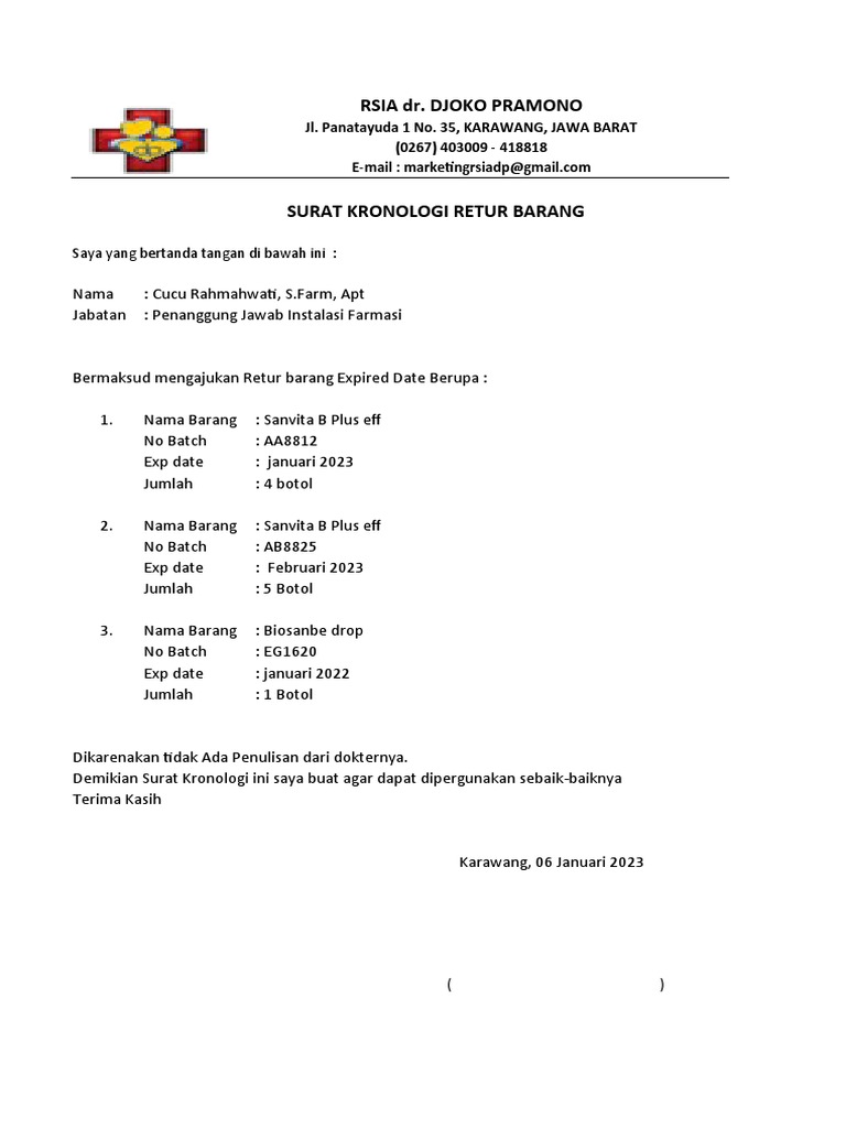Surat Kronologi Retur Obat Expired | PDF