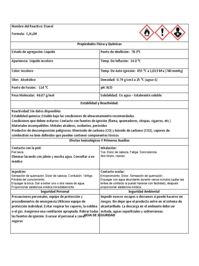 Hoja de Seguridad Del Etanol | PDF | Agua | Dióxido de carbono