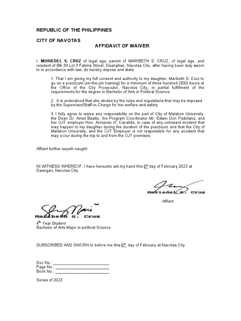 Affidavit of Waiver for OJT in Navotas | PDF