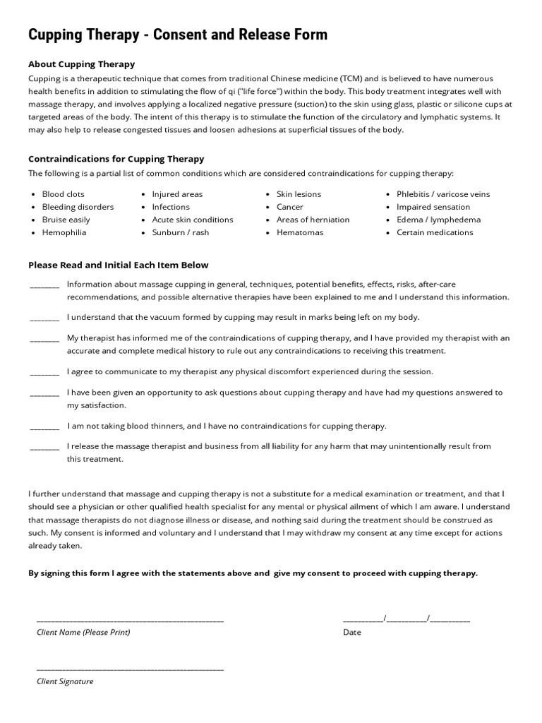 Cupping Therapy Consent Form | PDF | Massage | Therapy