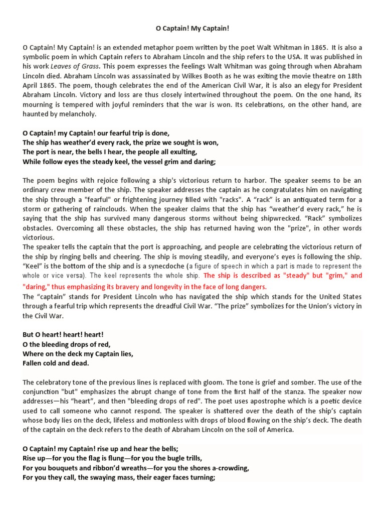 O Captain Pdf Poetry Abraham Lincoln