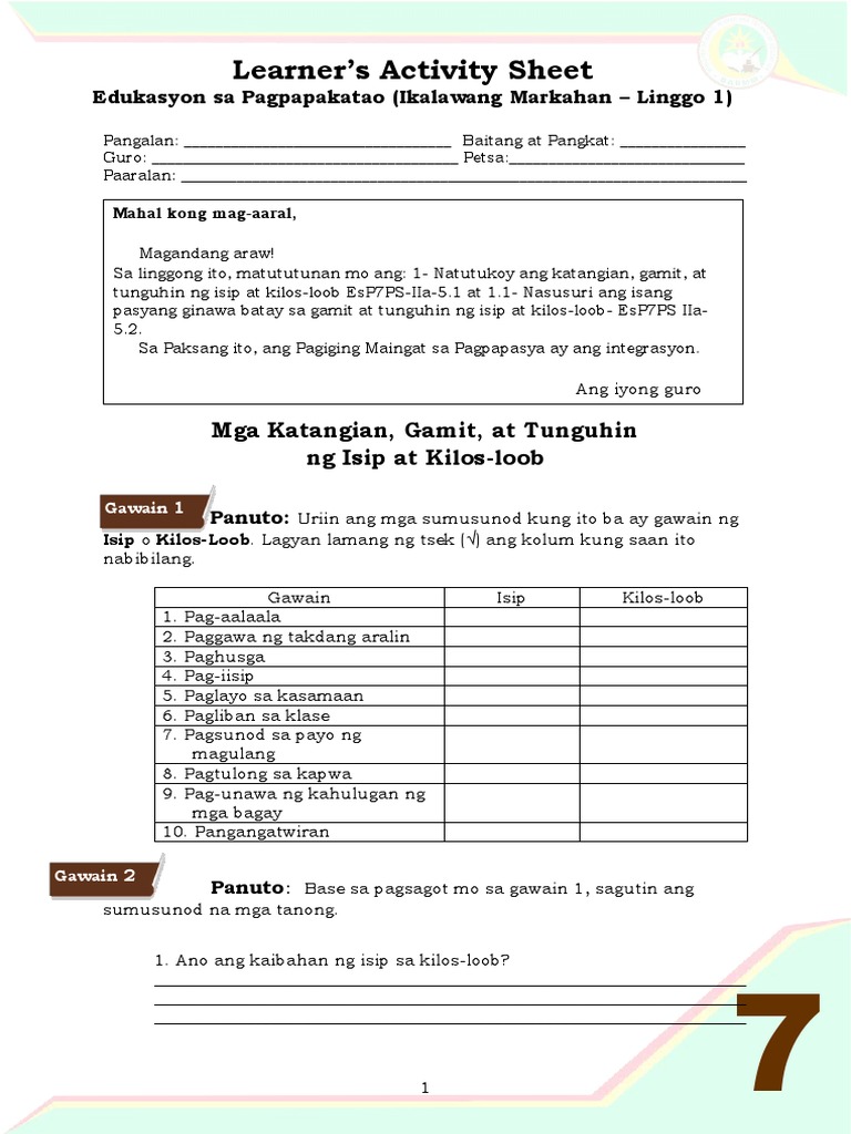 Learner's Activity Sheet: Mga Katangian, Gamit, at Tunguhin NG Isip at ...