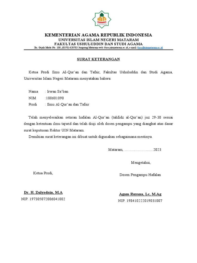Surat Keterangan Hafalan | PDF