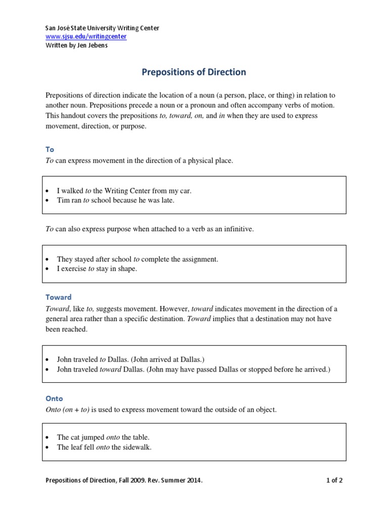 Understanding Prepositions of Direction | PDF | Preposition And Postposition | Verb