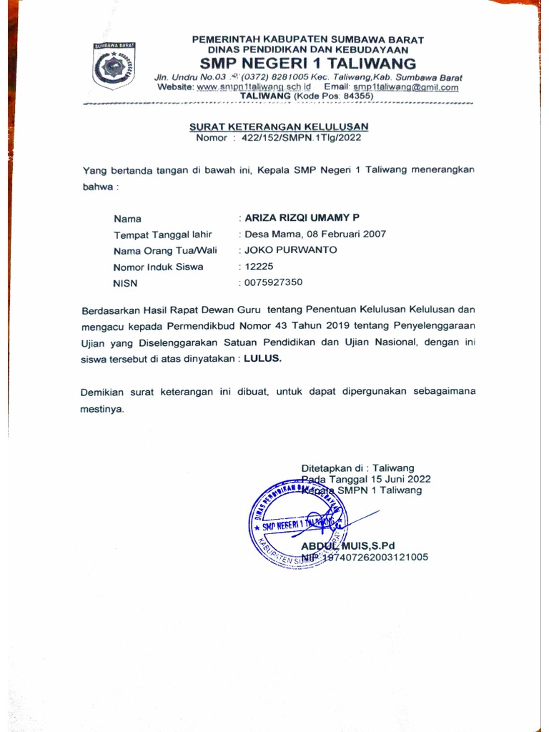 Surat Keterangan Kelulusan | PDF