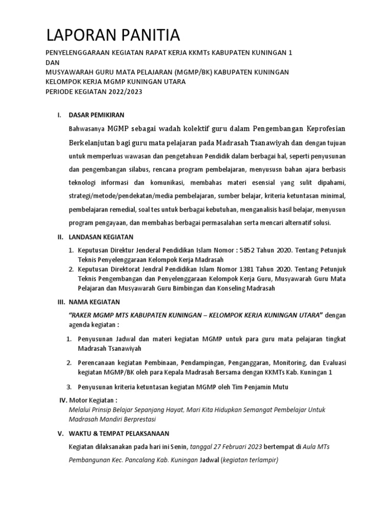 Laporan Panitia Kegiatan Raker MGMP Dan KKM | PDF