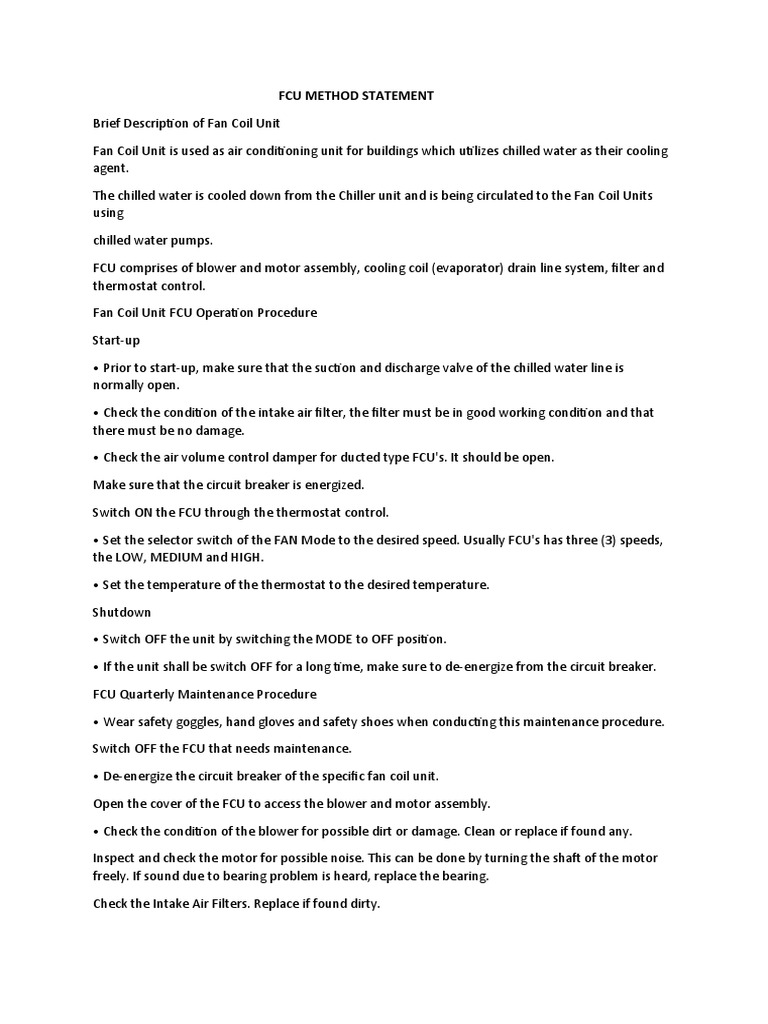 Fcu Method Statement | PDF | Thermostat | Air Conditioning