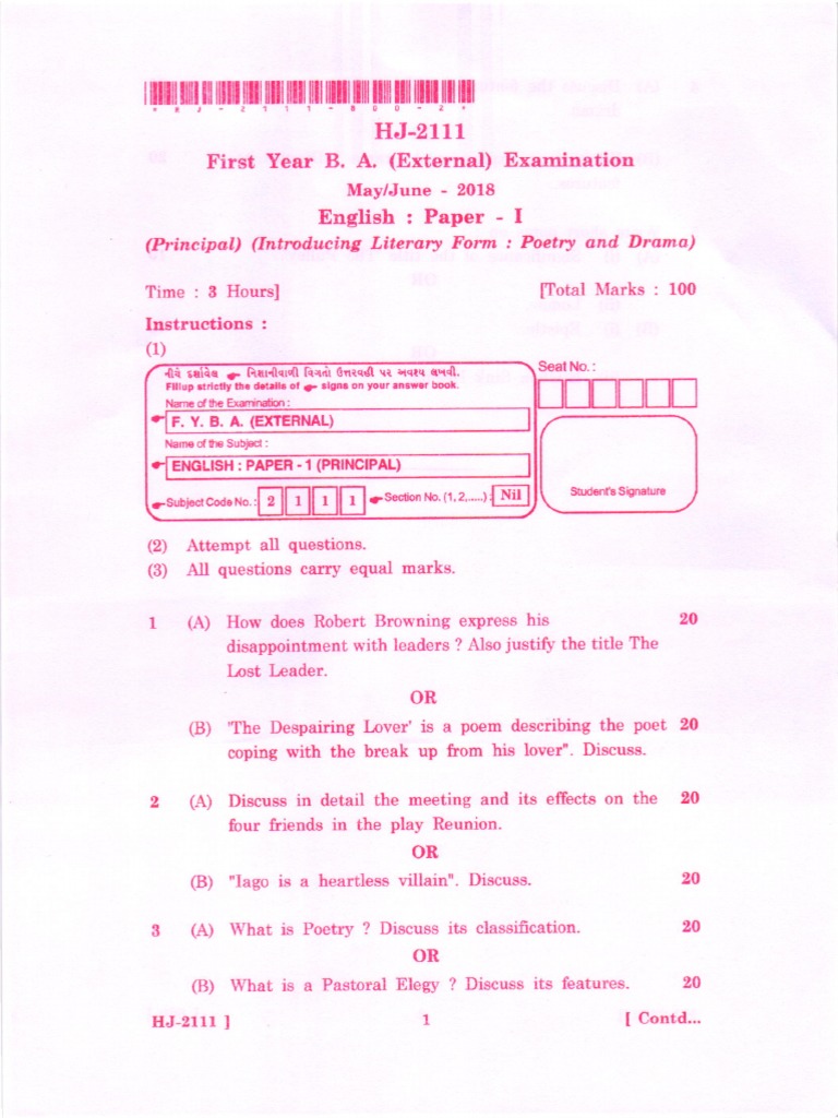 Fyba External English Paper-1 (Principal) Hj-2111 | PDF | Poetry