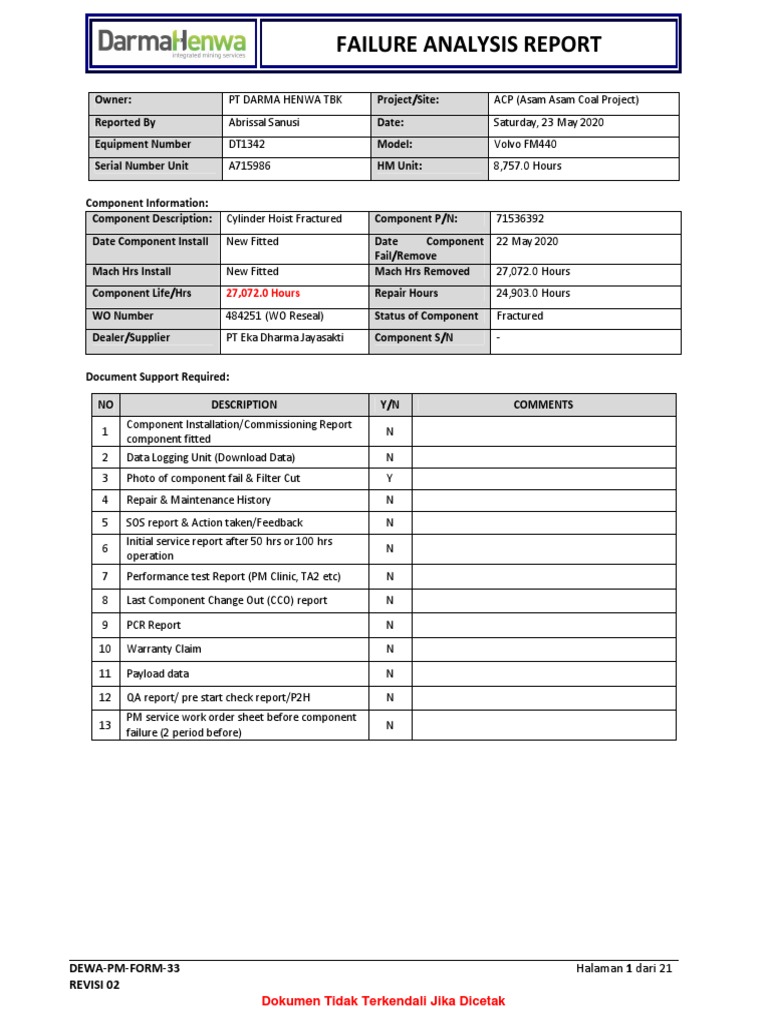 Failure Analysis Report DT1342 Cylinder Hoist Fractured - R3 | PDF