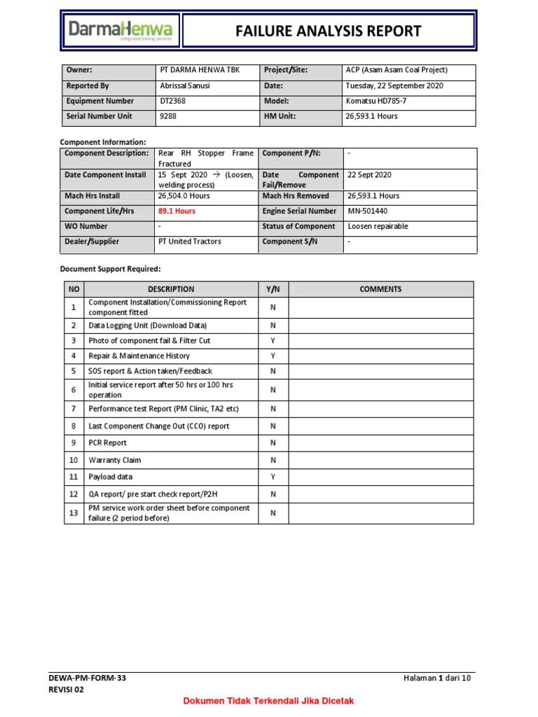 Failure Analysis Report DT2368 Stopper Frame Loose | Download Free PDF ...