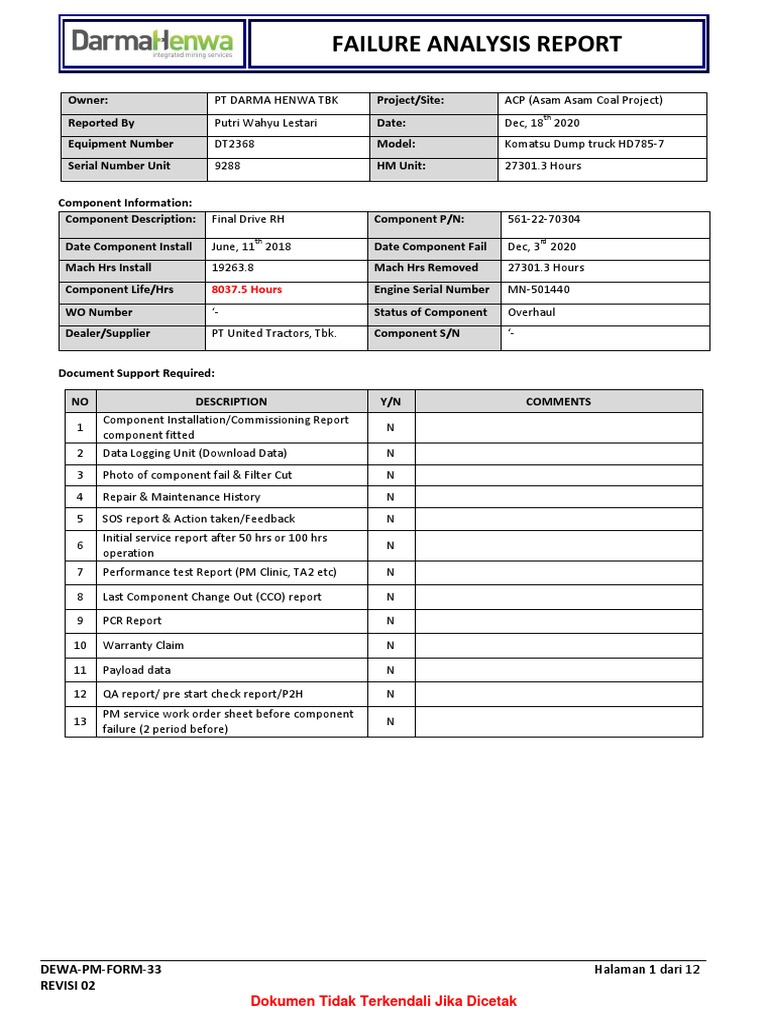 Failure Analysis Report DT2368 - Final Drive RH Worn Out | PDF