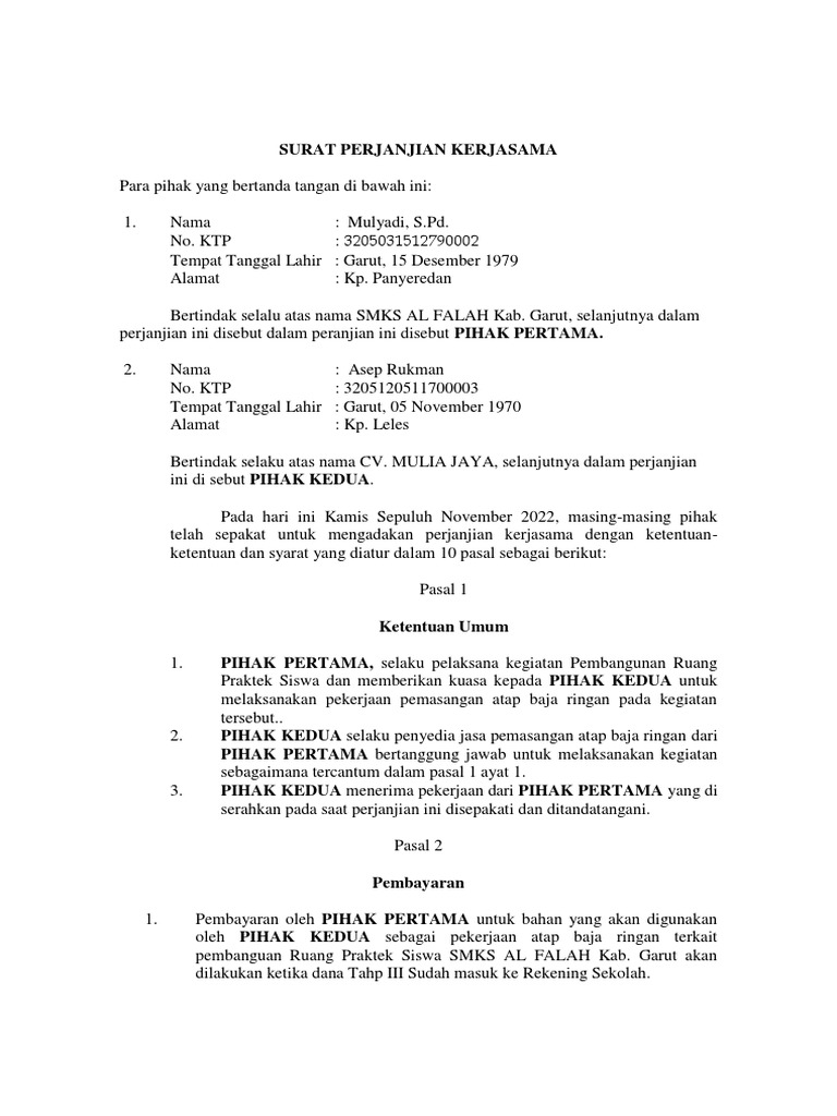 Perjanjian Kerjasama CV Mulia Jaya | PDF