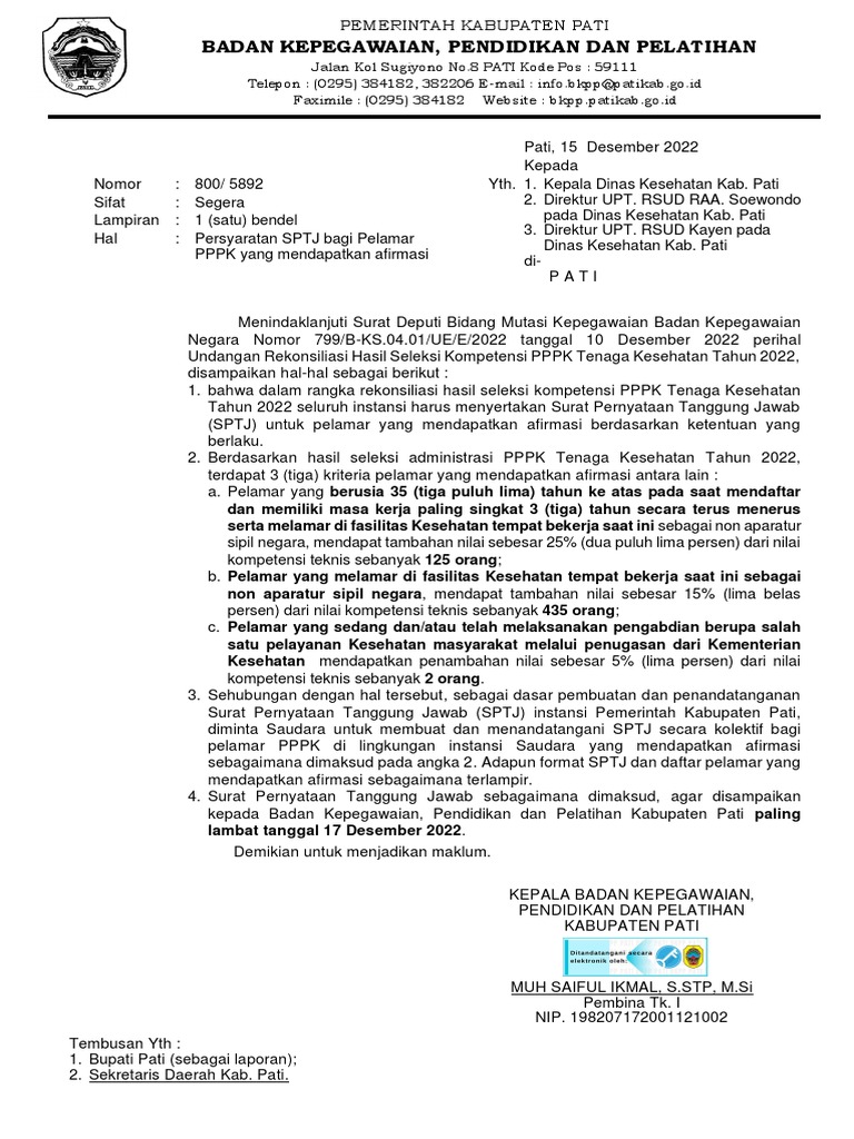 Surat Info SPTJ PPPK Tenaga Kesehatan Tahun 2022 | PDF