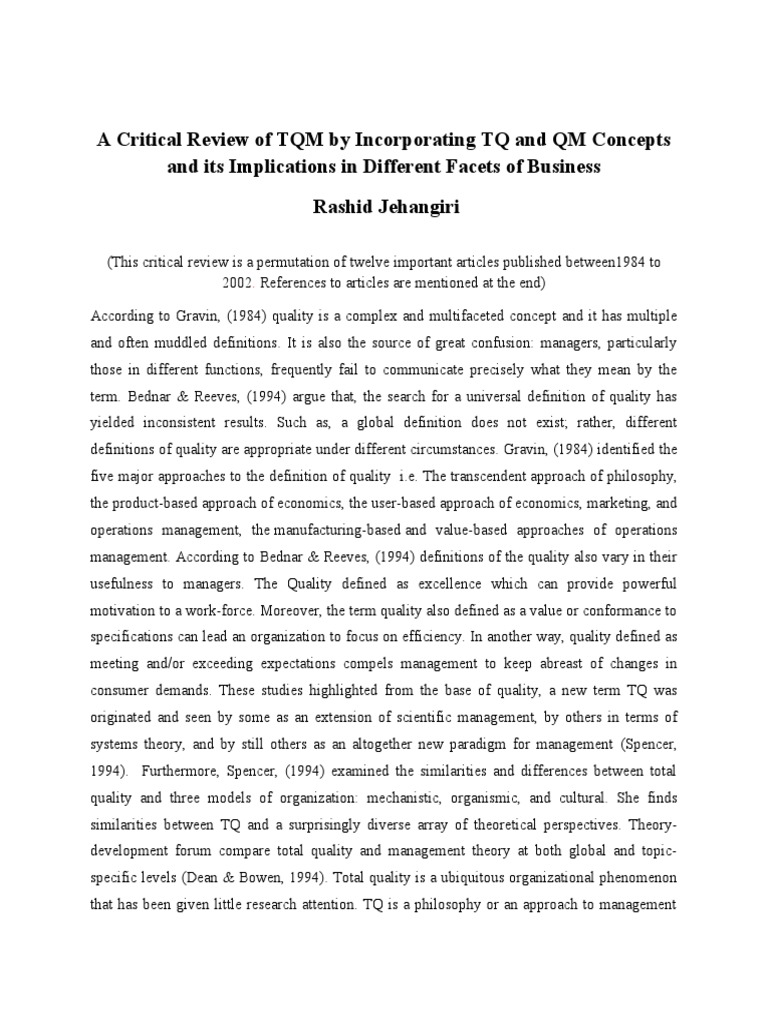 A Critical Review of Total Quality Management (TQM) by Incorporating ...